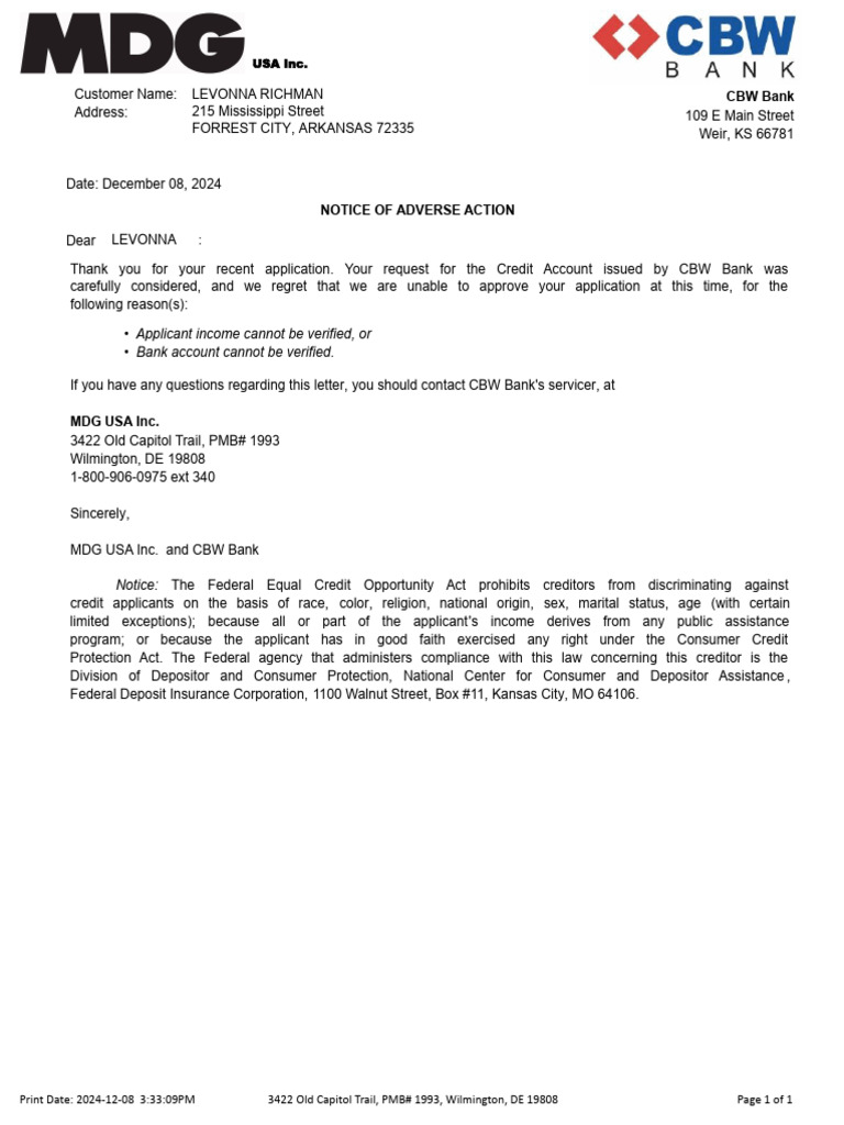 CBW Bank Credit Application Denial Notice | PDF