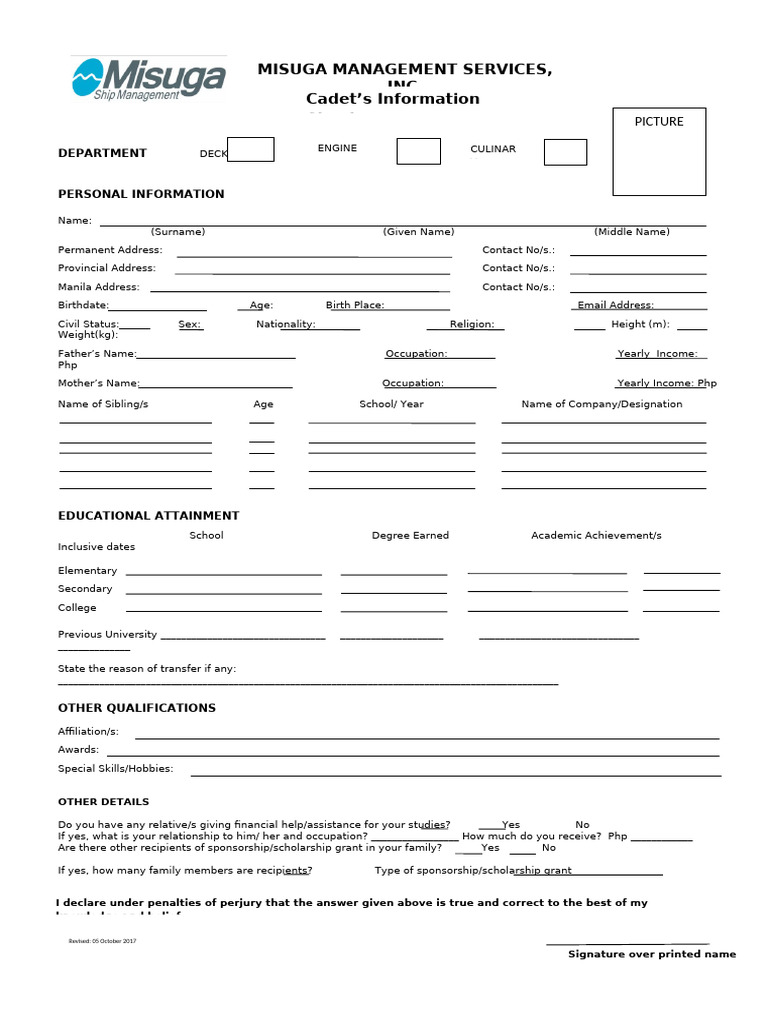 Cadet Information Sheet | PDF