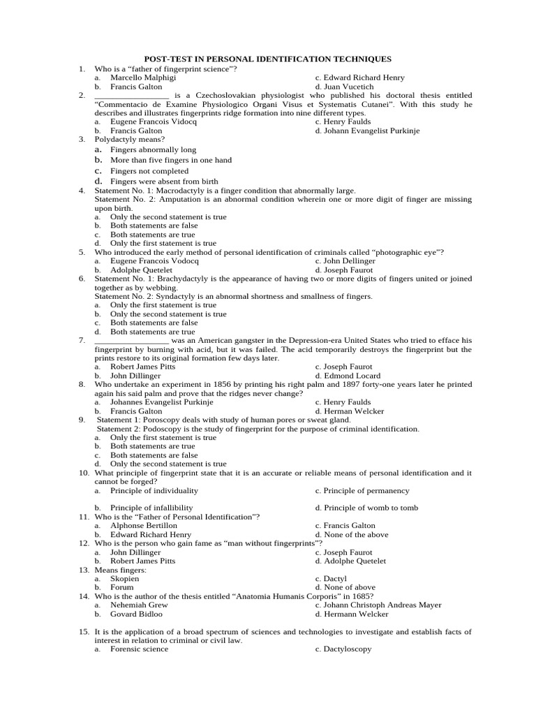 Personal Identification Techniques Quiz | PDF | Fingerprint | Witness