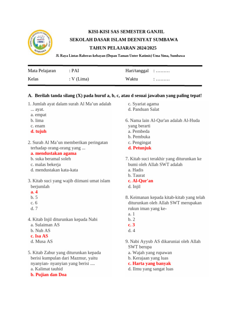 KISI-KISI Asas Ganjil PAI Kelas 5 | PDF