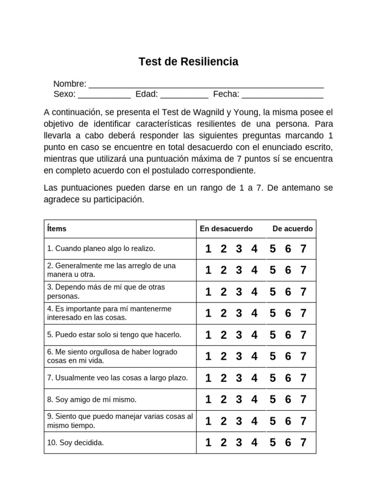 Test de Resiliencia Personalizado | PDF