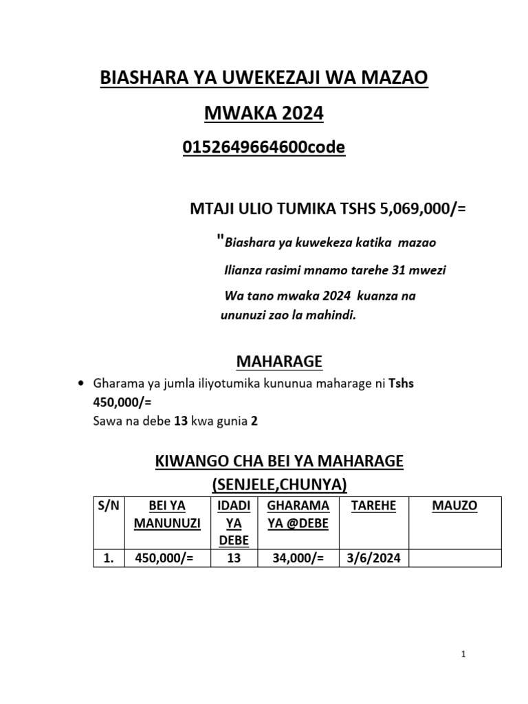 Biashara Ya Uwekezaji Katika Mazao 2024 | PDF