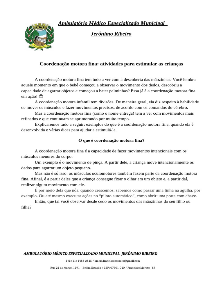 Como Desenvolver A Coordenação Motora Fina | PDF | Coordenação motora ...