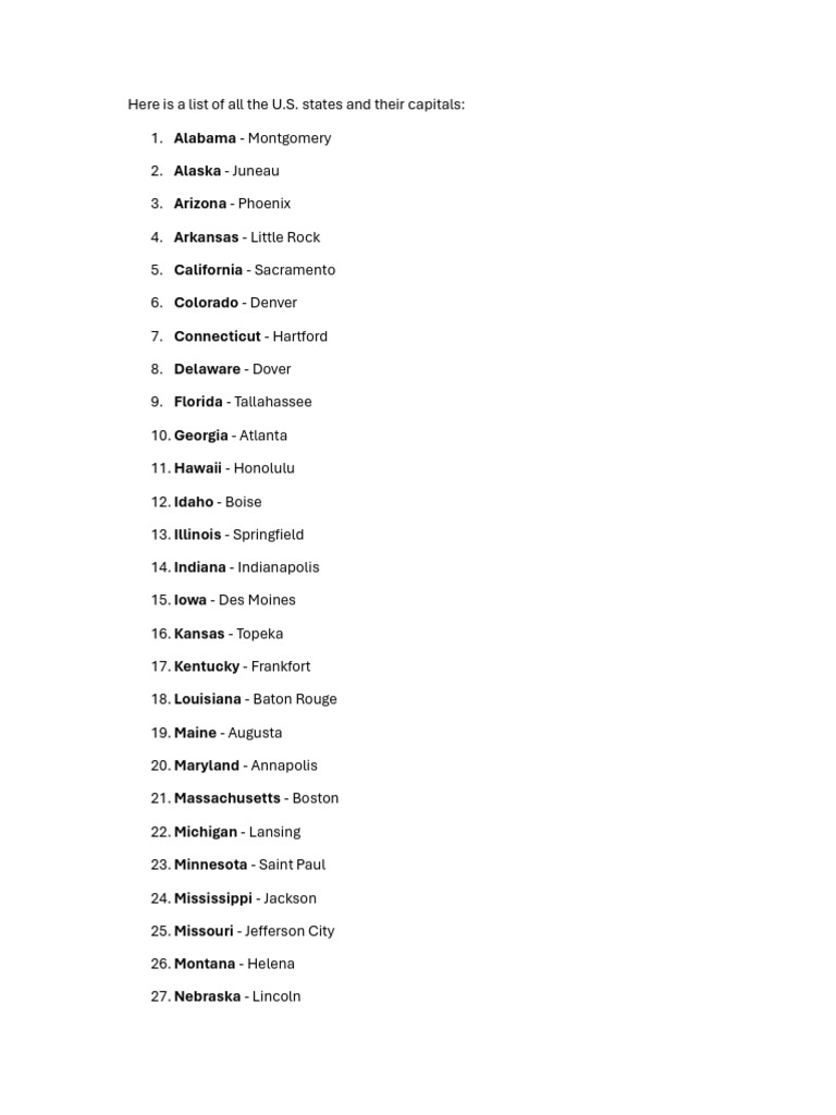 U.S. States and Their Capitals List | PDF