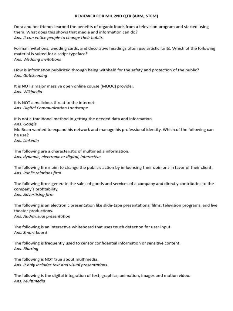 Reviewer MIL 2nd Quarter ABM STEM | PDF | Usb Flash Drive | Image