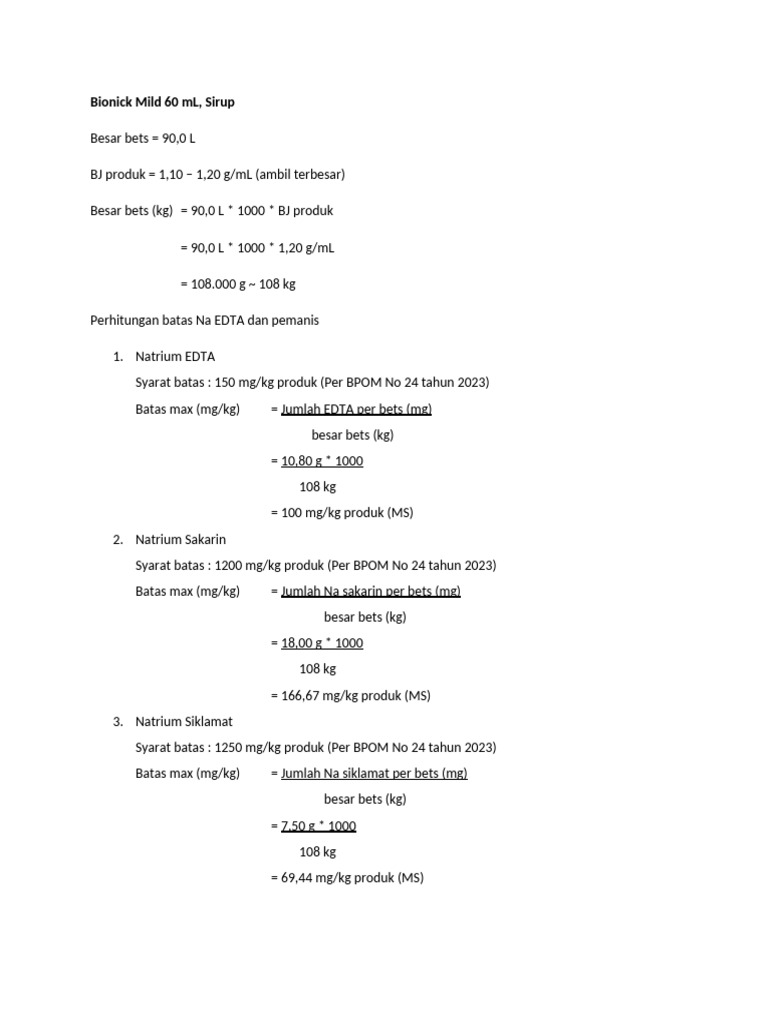 Perhitungan EDTA, Pemanis, Pewarna Pada Produk Vitabil Dan Bionick Mild | PDF