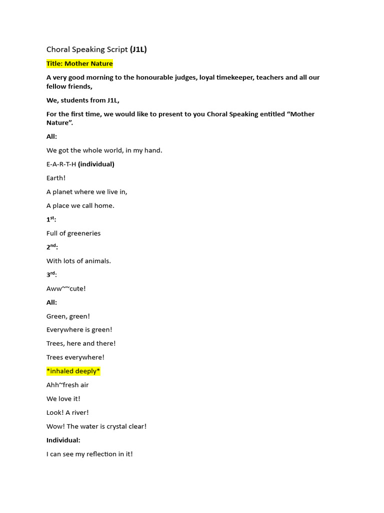 Choral Speaking Script (Mother Nature) | PDF