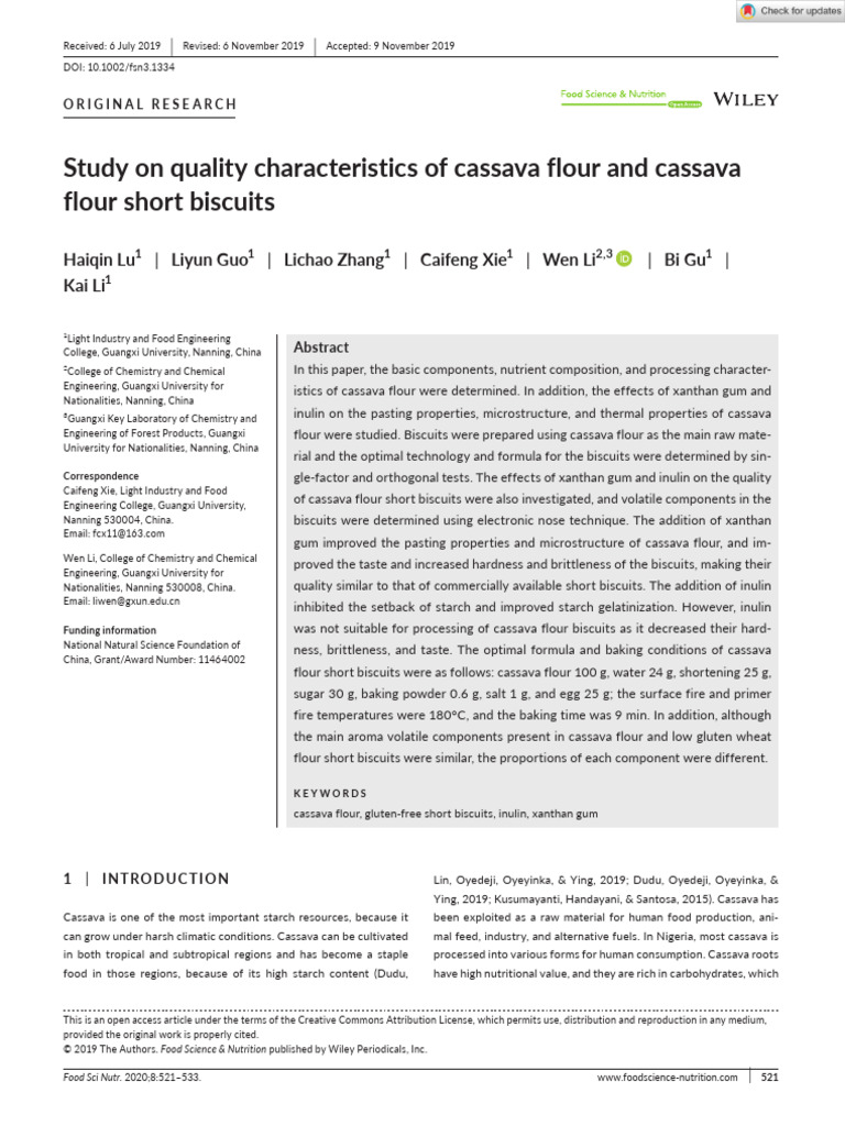 Food Science Nutrition - 2019 - Lu - Study on quality characteristics of cassava flour and ...