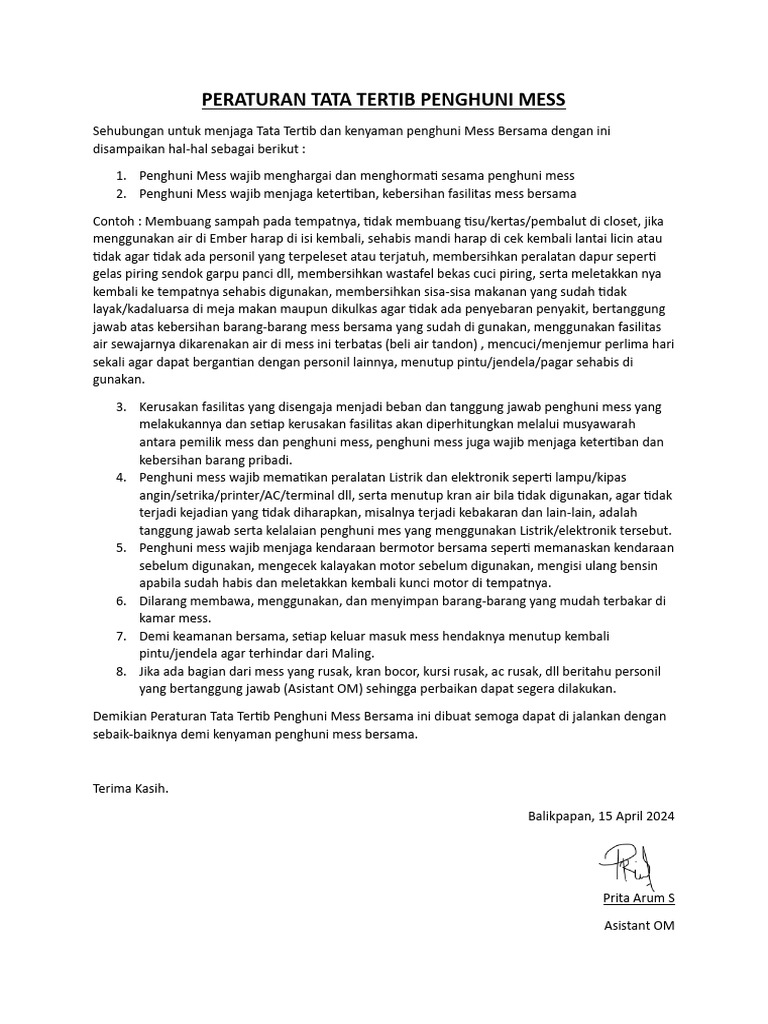 Peraturan Tata Tertib Penghuni Mess-1-1 | PDF