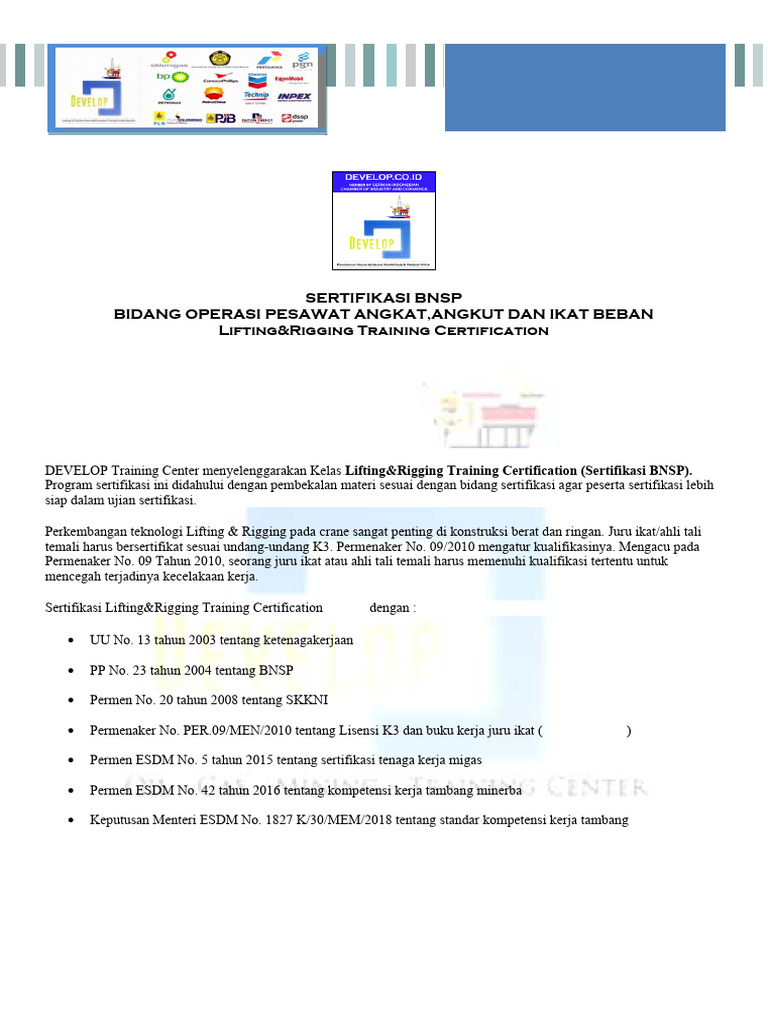 DEVELOP-Lifting&Rigging Training Certification BNSP | PDF
