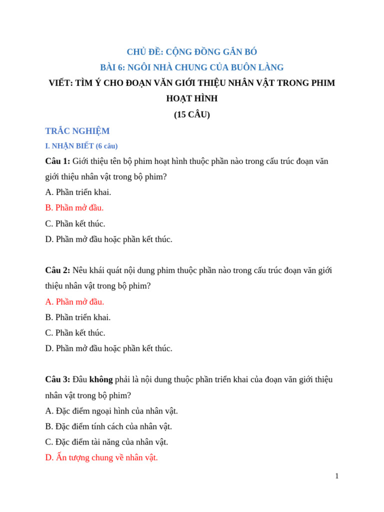 TN Tieng Viet 5 cd4 Bai 6 Tim y Cho Doan Van GT NV Hoat Hinh Trong Phim CTST | PDF