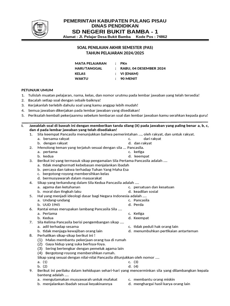 Soal PAS PPKN Kelas 6 Semester 1 K13 Tahun 2024 | PDF