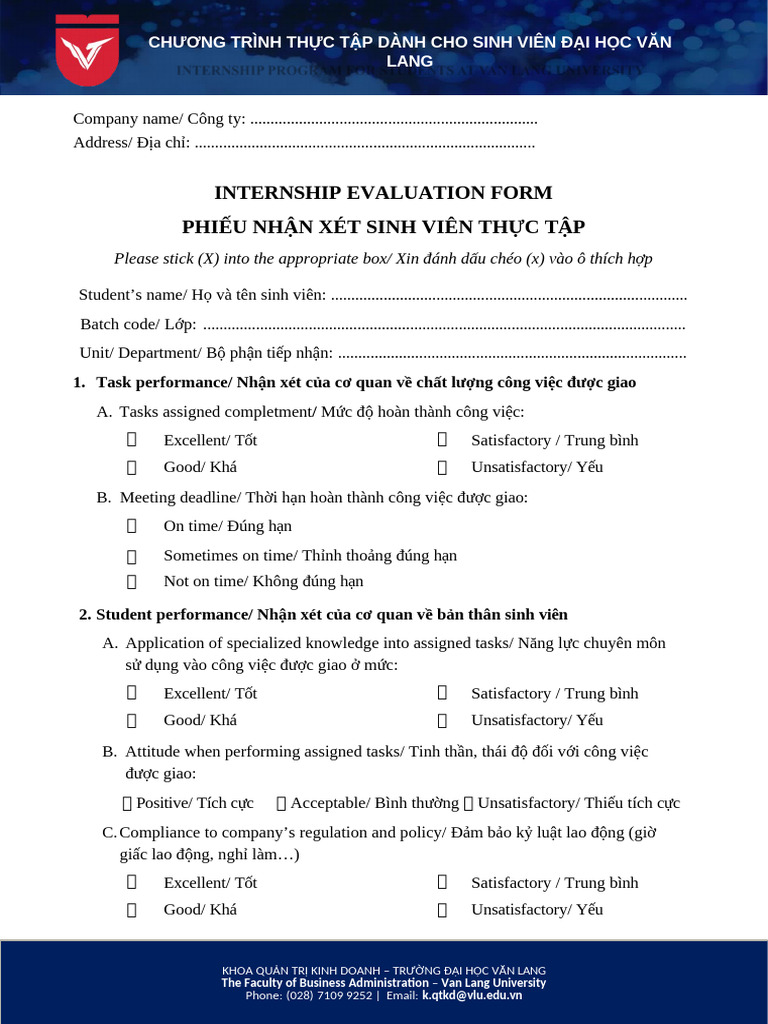 3. Phiếu nhận xét SV thực tập (DN nhận xét) HK242 | PDF