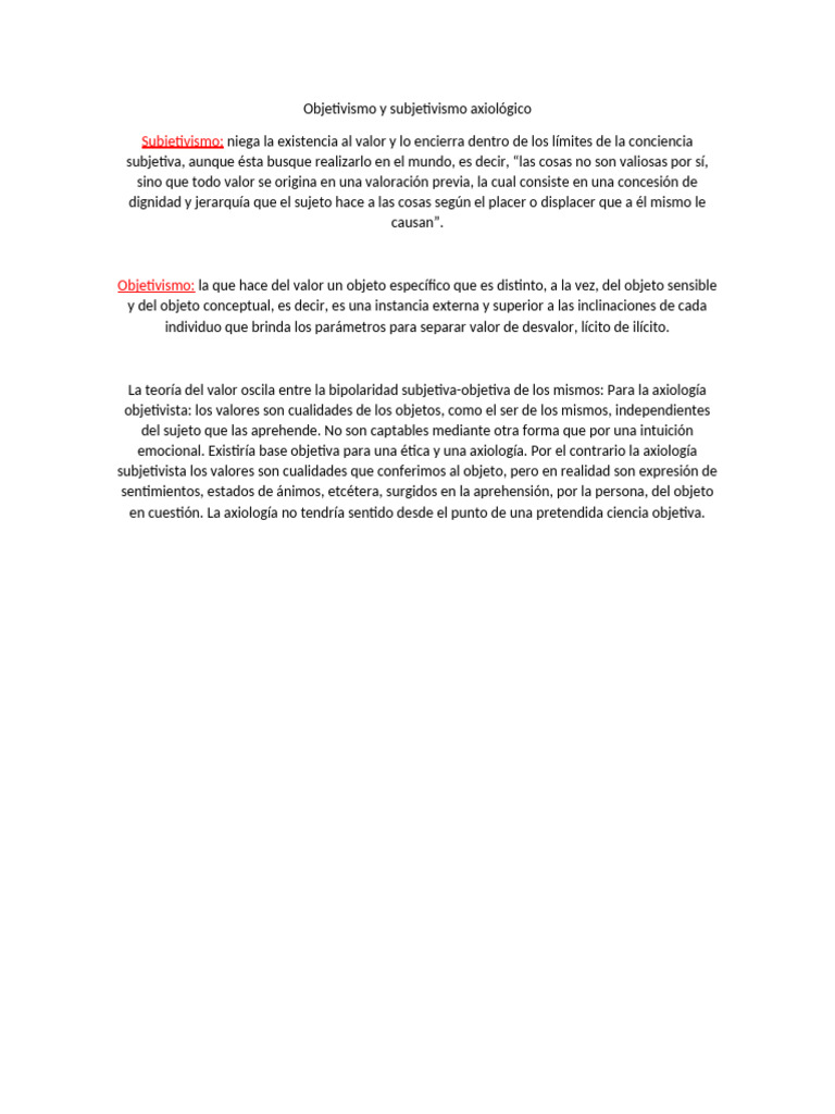Objetivismo y Subjetivismo Axiológico | PDF