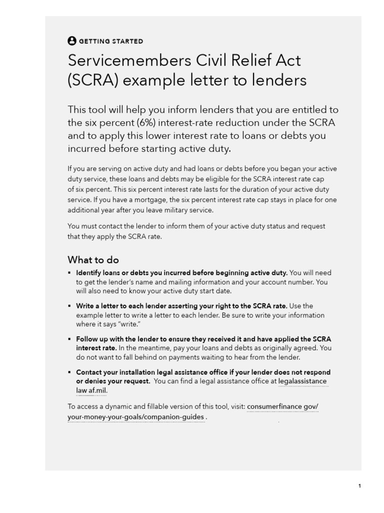 CFPB Ymyg Servicemembers Tool Scra Example Letter To Lenders | PDF ...
