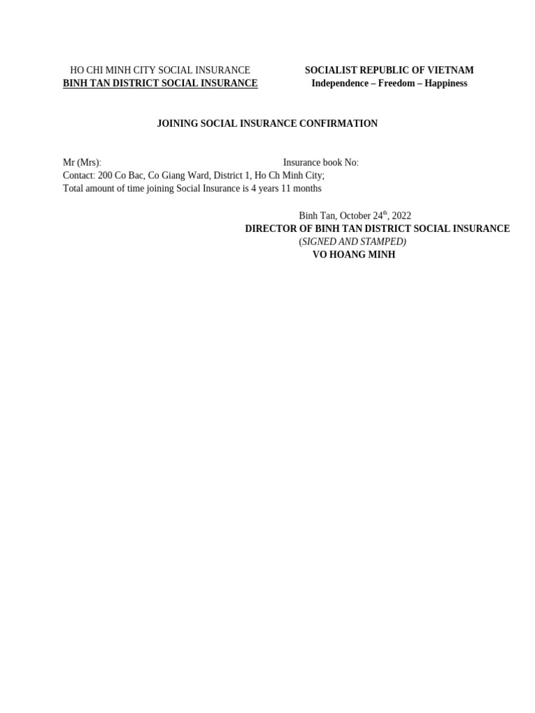 Binh Tan District Social Insurance Confirmation | PDF