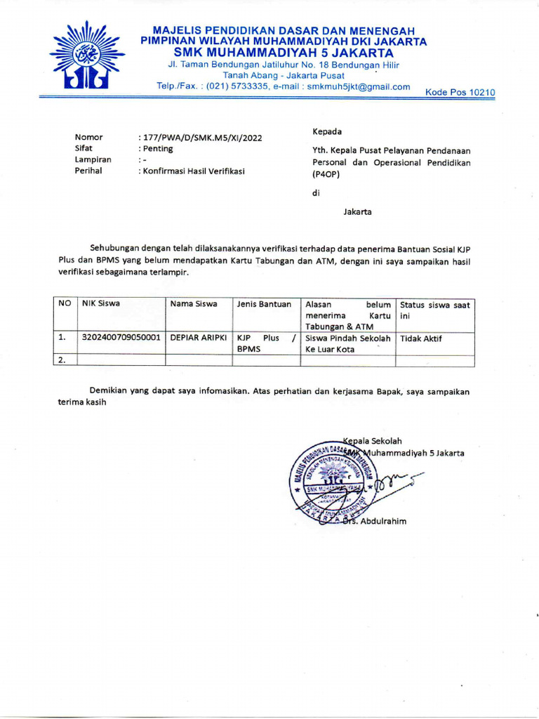 Surat Verivikasi Gagal Distribusi BPMS | PDF