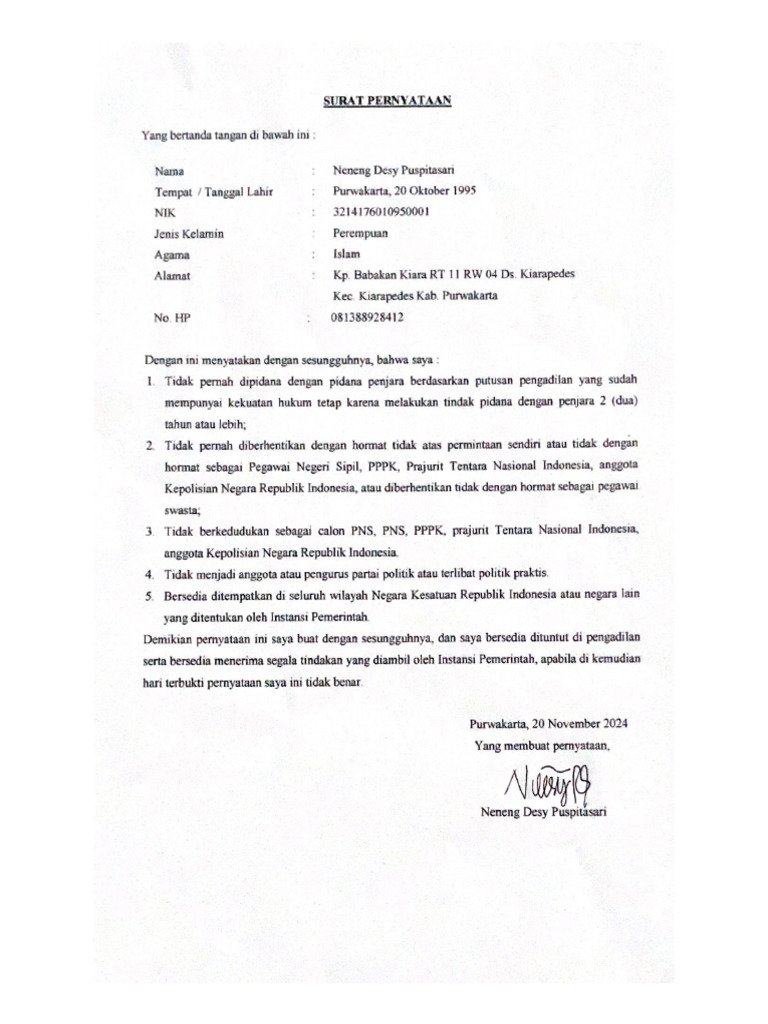 Surat Pernyataan N Desy P | PDF