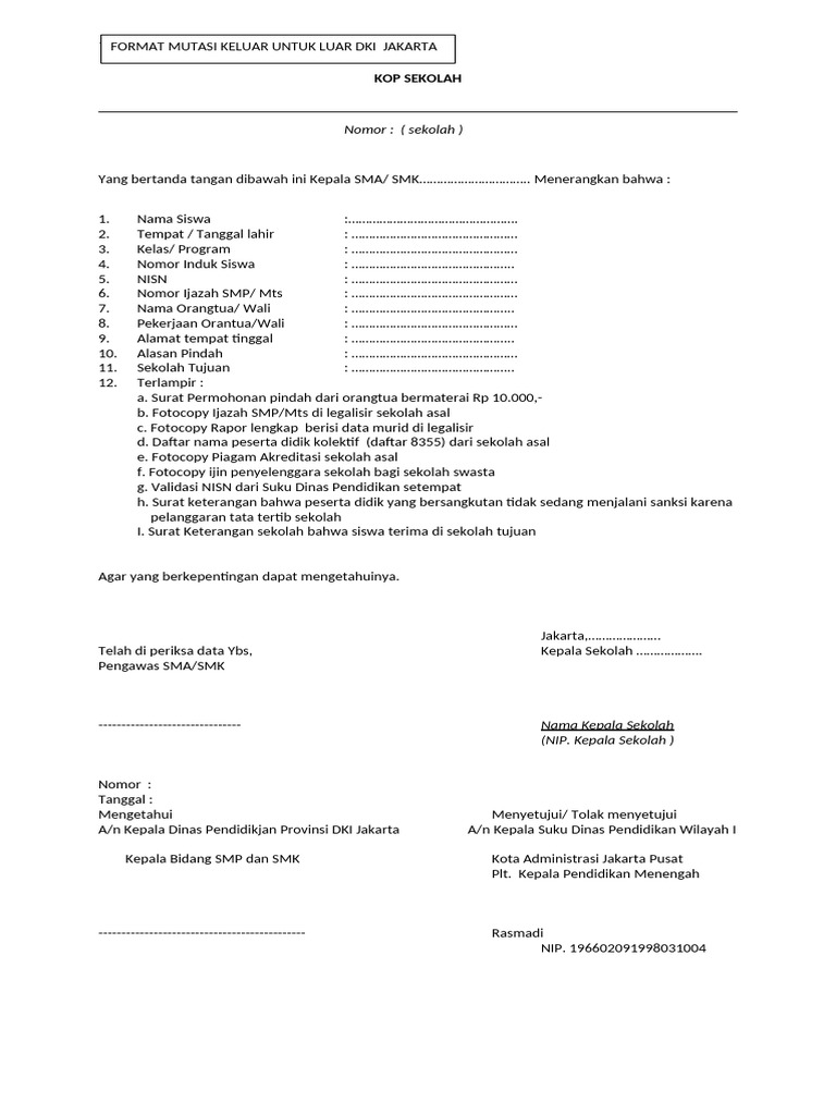 Format Mutasi Keluar Masuk SMA Dan SMK 2022 | PDF