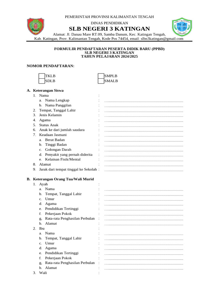 Formulir Pendaftaran SLB Katingan 2024 | PDF