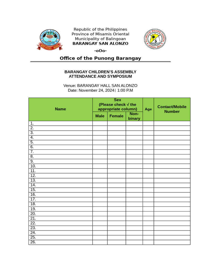 ATTENDANCE SHEET FOR BARANGAY CHILDRENS ASSEMBLY | PDF