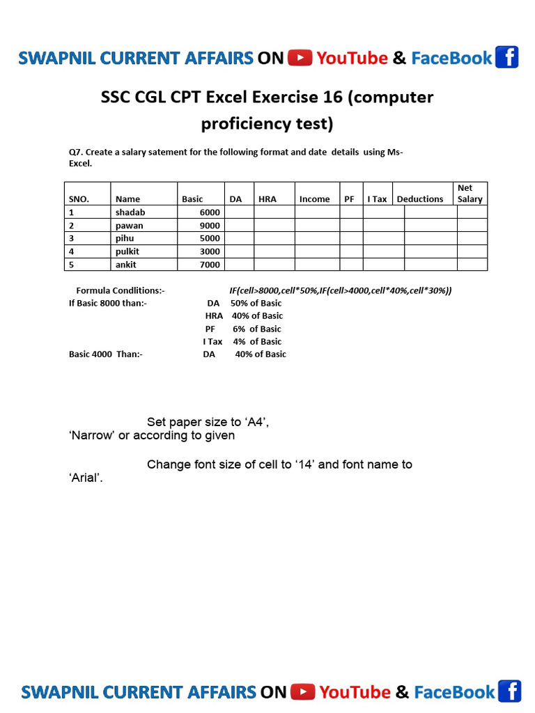 SSC CGL CPT Excel Salary Statement | PDF