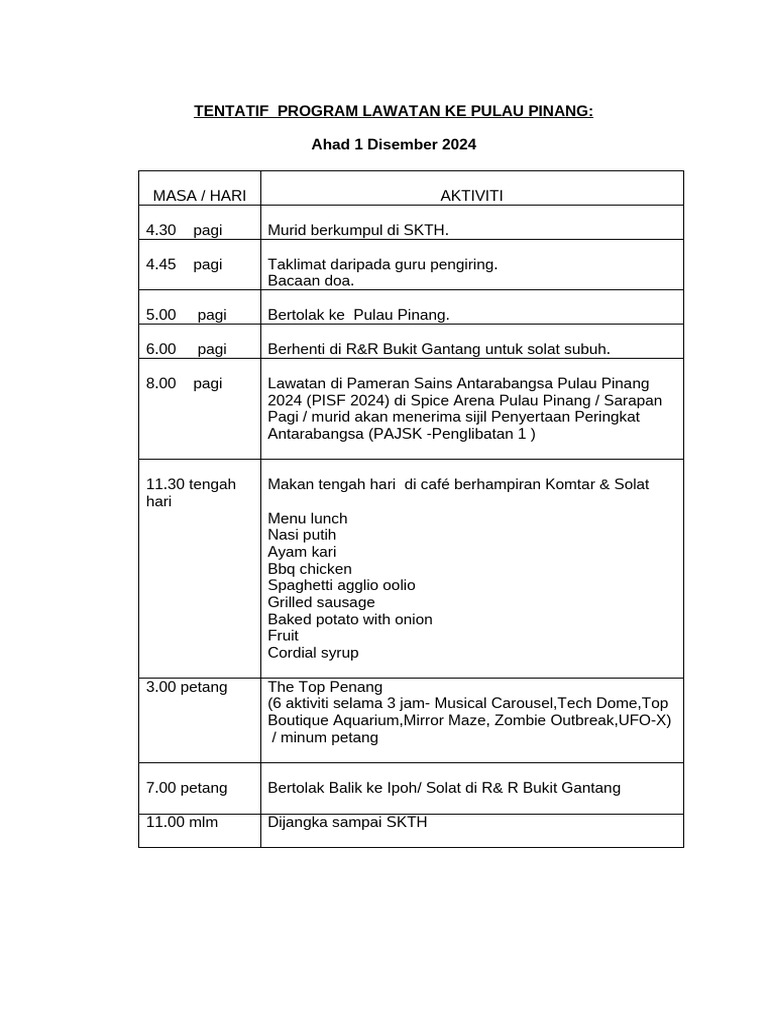 Tentatif Program Lawatan Ke Pulau Pinang 2024 | PDF