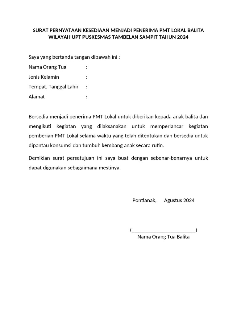 Surat Pernyataan Kesediaan Menjadi Penerima PMT Lokal | PDF