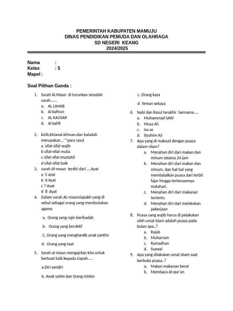soal UTS kls 5 sms 1 2024-2025 MAMA | PDF