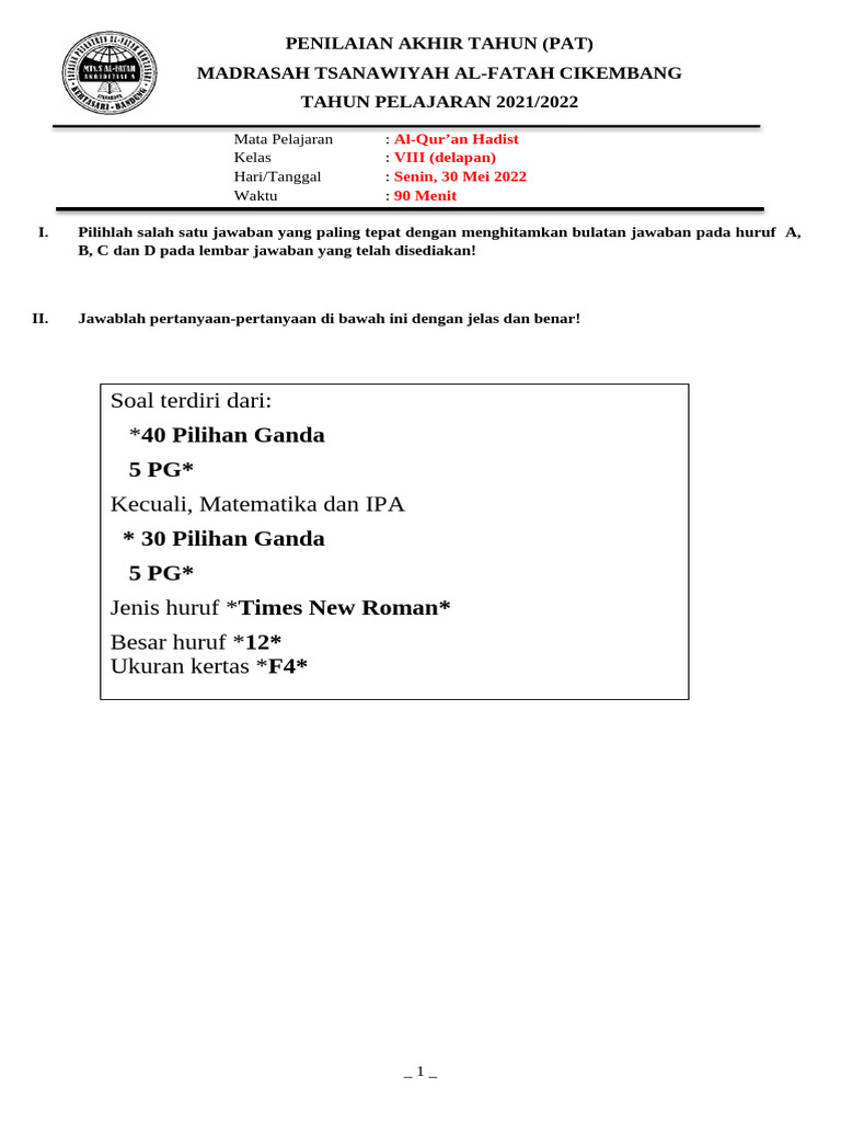 Kop Soal Pat 2021-2022 | PDF