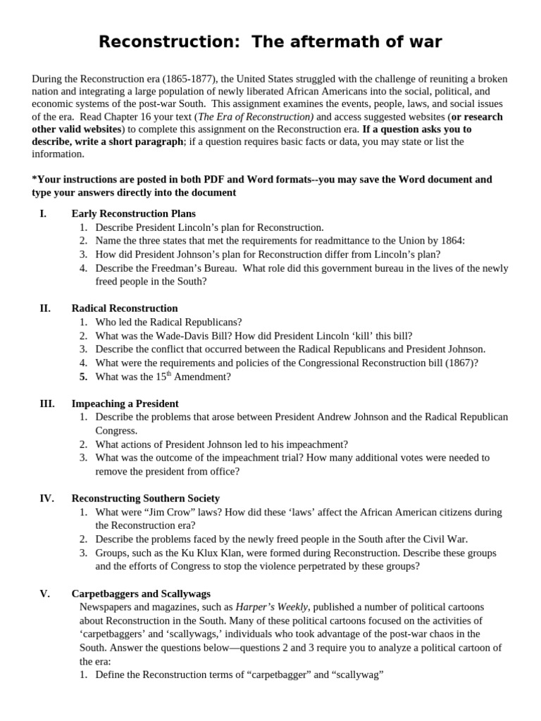 Instructions For Reconstruction Era Assignment (Word Document Format ...