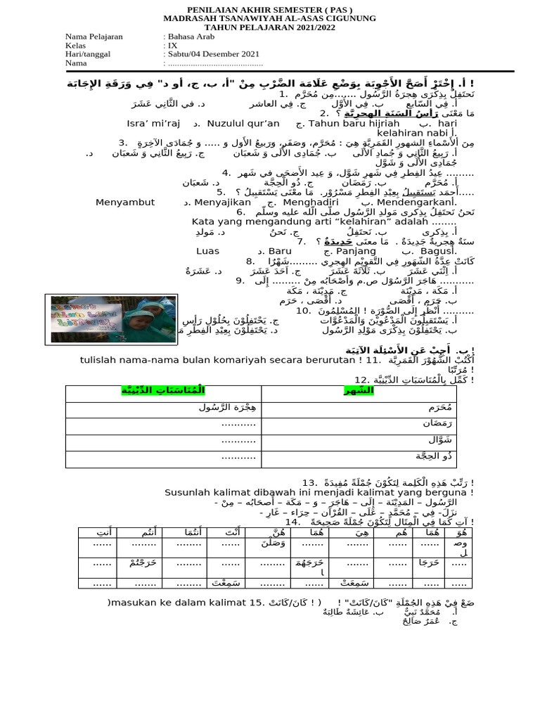 Soal Bahasa Arab KLS Ix 2021 | PDF