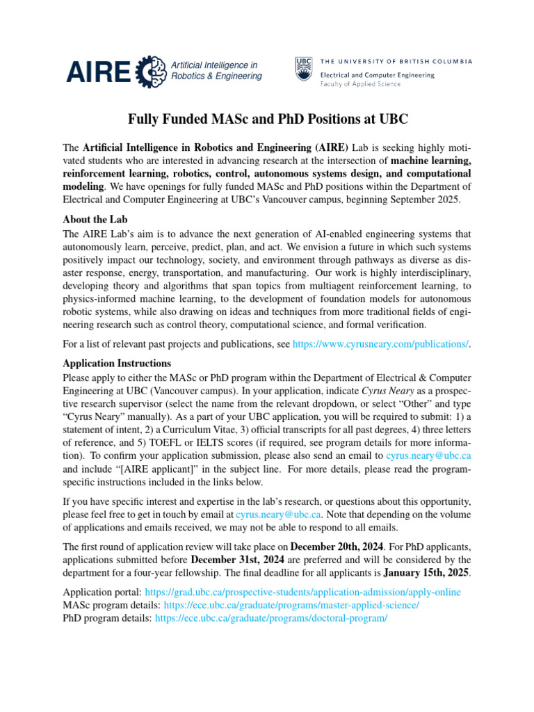 Fully Funded MASc and PhD Positions at UBC | PDF | Robotics | Machine ...