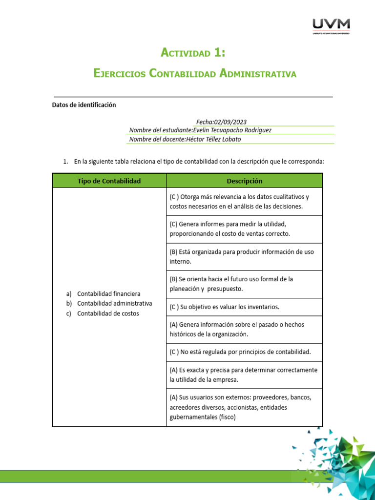 U1 Ejercicios A1 2 | PDF | Contabilidad | Contabilidad financiera