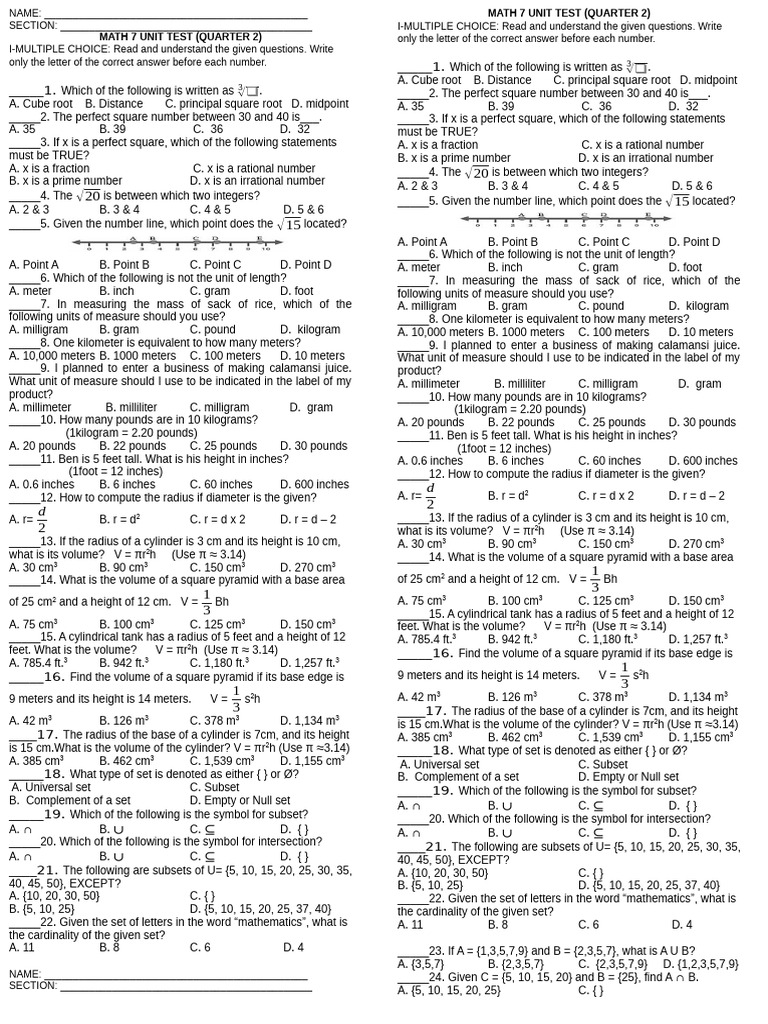 @ND Quarter Unit Test | PDF | Numbers | Kilogram