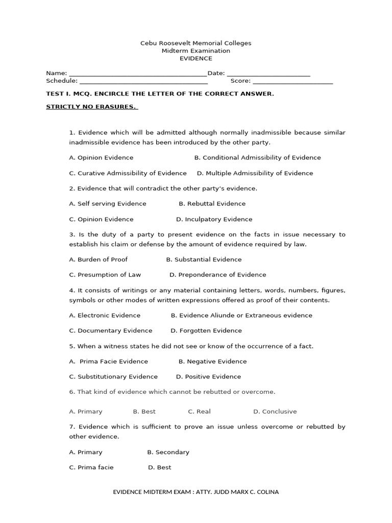 Evidence.midterm.exam | PDF | Evidence (Law) | Evidence