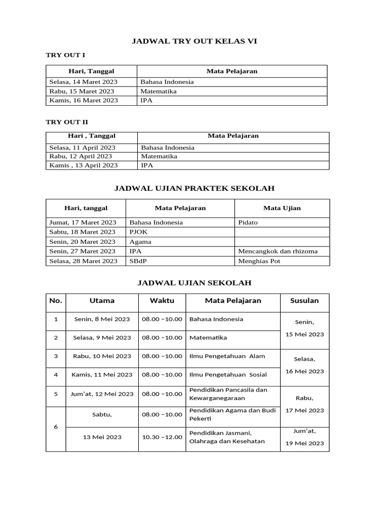 Jadwal Try Out, Ujian Praktek Dan Us Kelas 6 | PDF