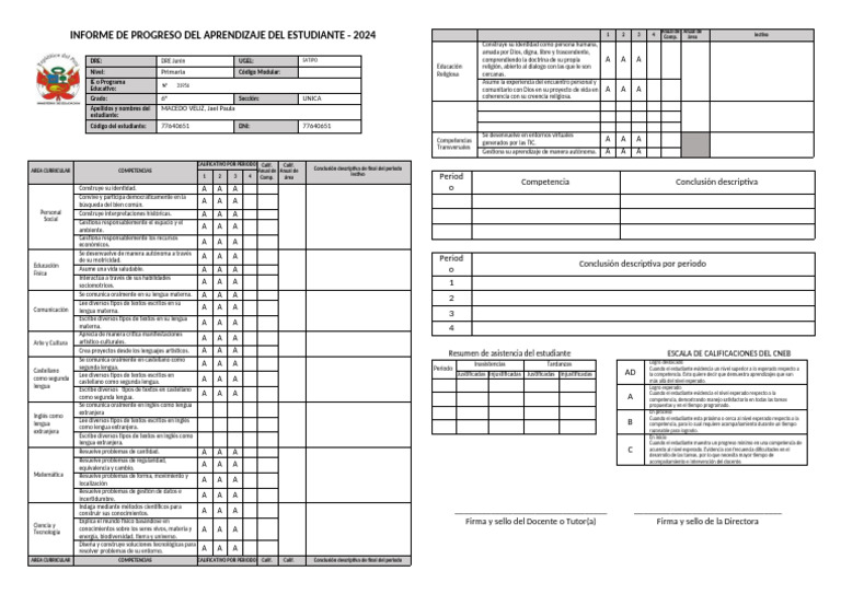 Boleta de Notas - Primaria | PDF | Segundo lenguaje | Lengua española