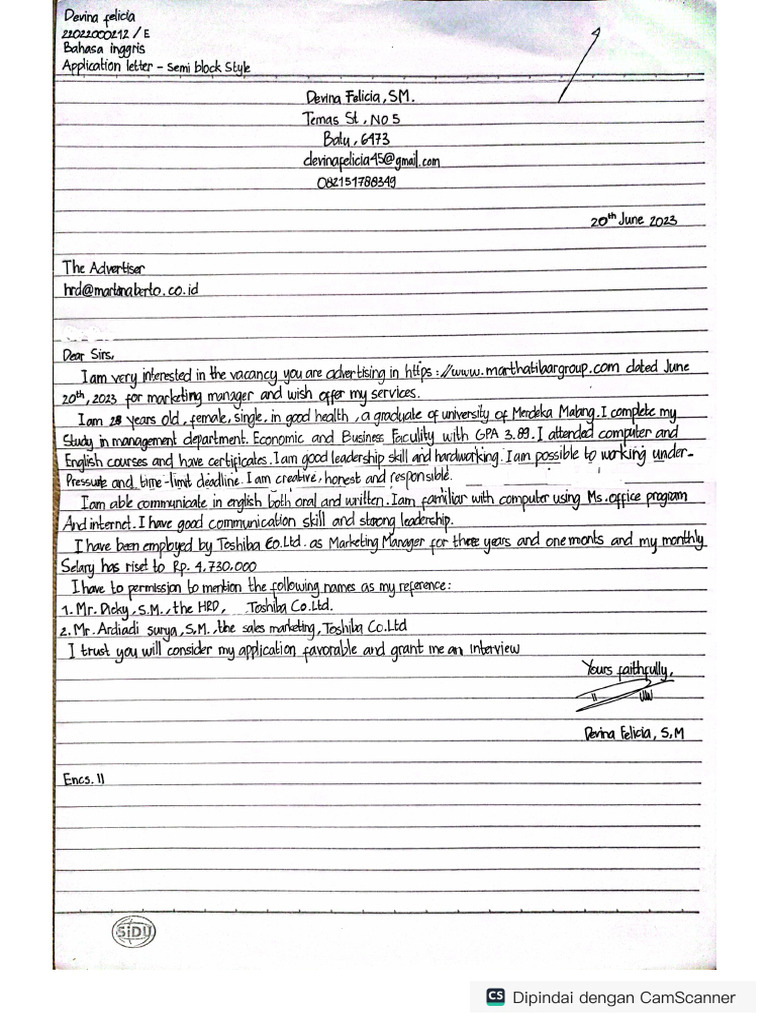 B.ing Application Letter Devina | PDF