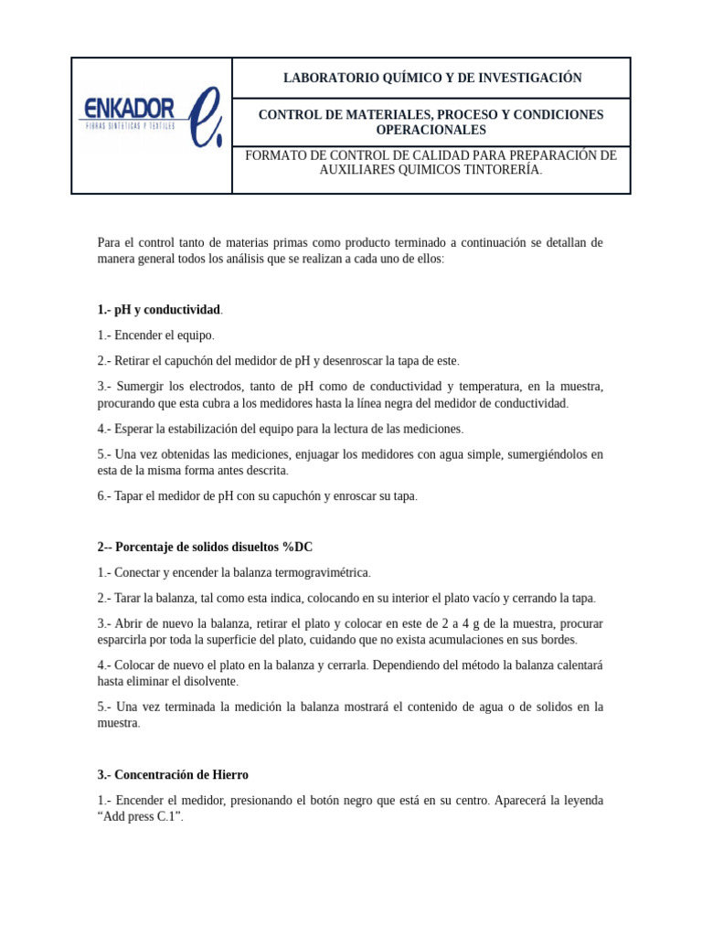 Procedimientos para Control de Calidad Quimicos | PDF | Agua ...
