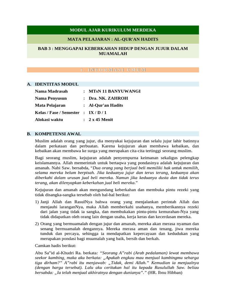 Modul Qurdis 9 Bab 3 - Menggapai Keberkahan Hidup Dengan Jujur Dalam ...