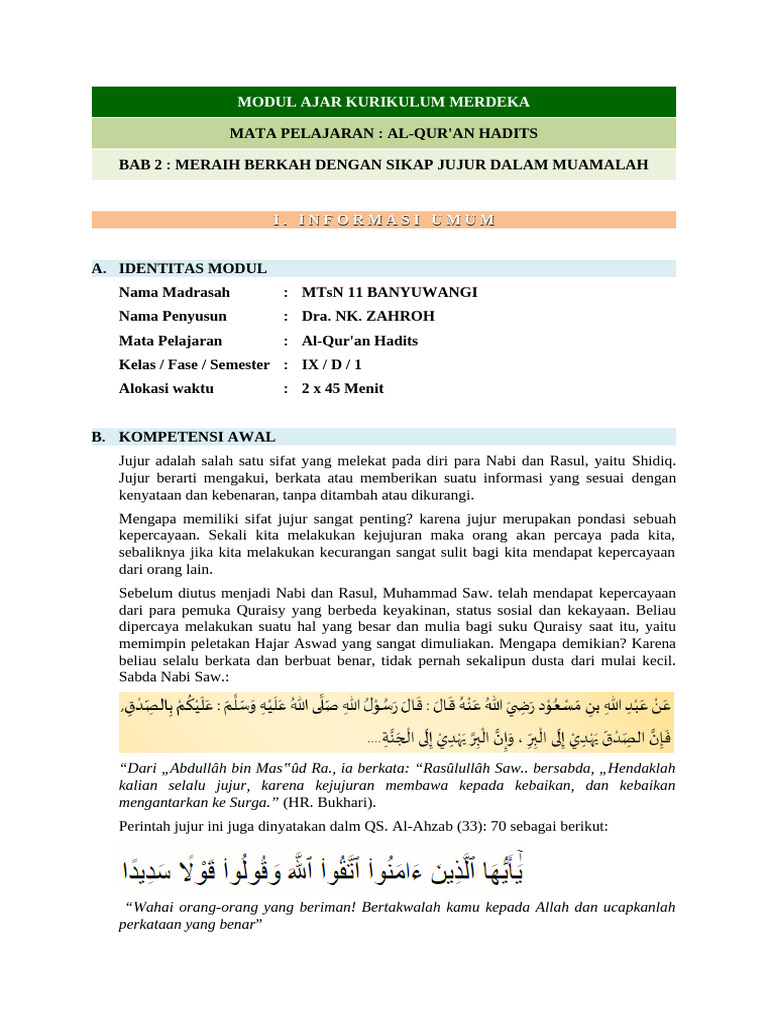 Modul Qurdis 9 Bab 2 - Meraih Berkah Dengan Sikap Jujur Dalam Muamalah | PDF