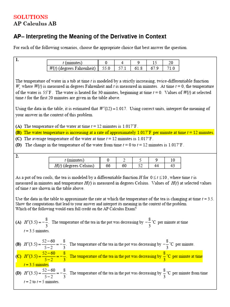4.1 HW Solutions - Interpreting the Meaning of the Derivative in Context - SOLUTIONS | PDF ...
