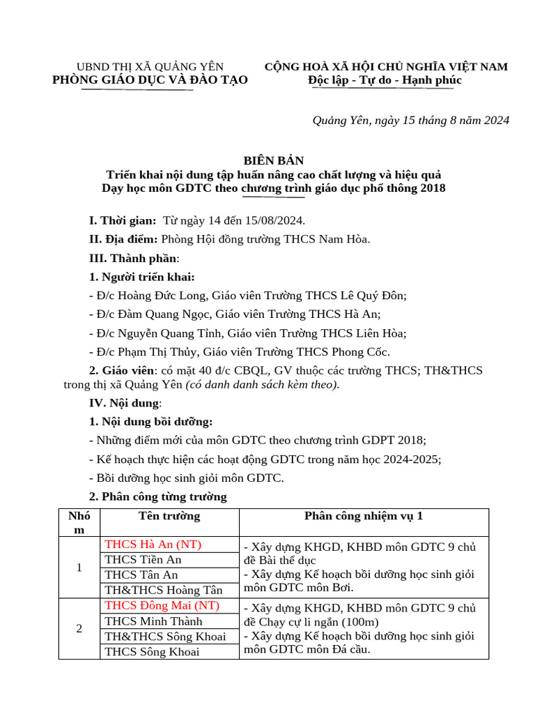 BIÊN BẢN TẬP HUẤN HÈ 2024 - MÔN GDTC | PDF