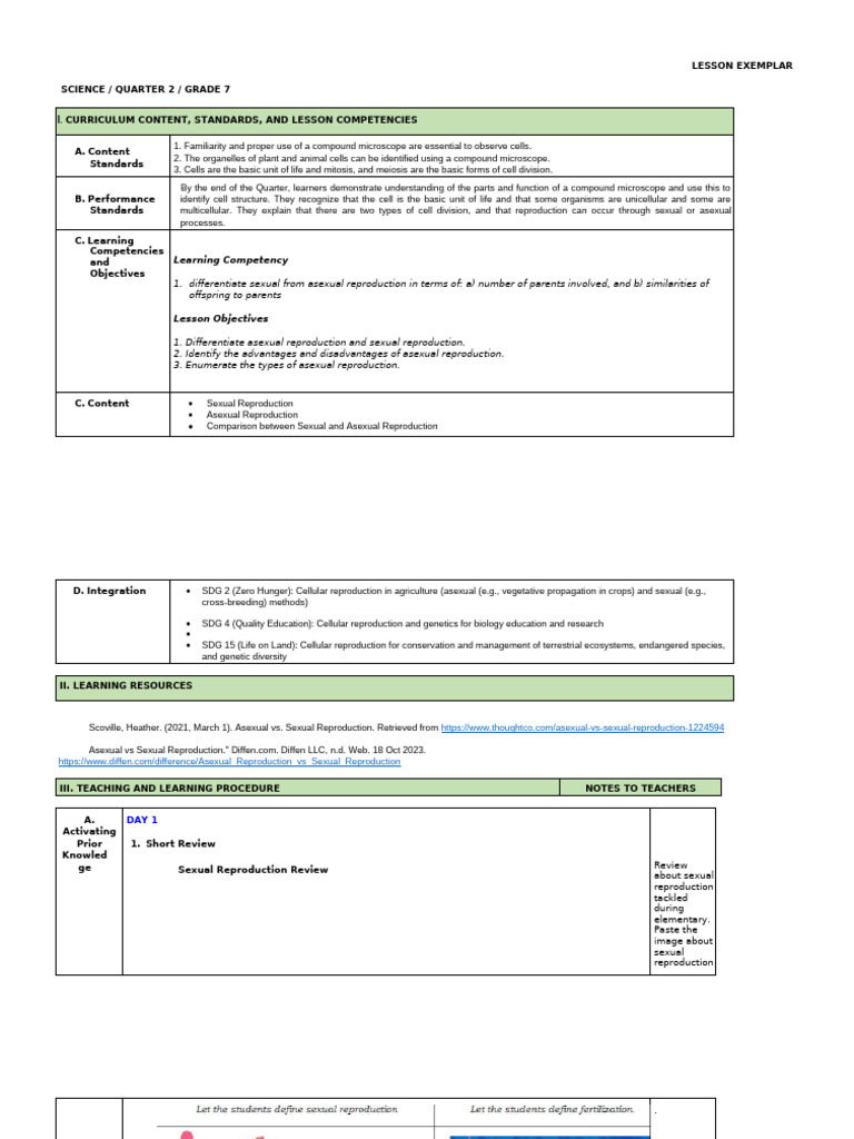 Final Lesson Exemplar Template | PDF | Reproduction | Sexual Reproduction
