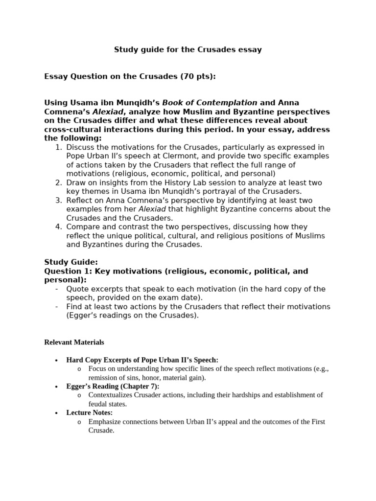 Study Guide For The Crusades Essay | PDF | Crusades | Motivation