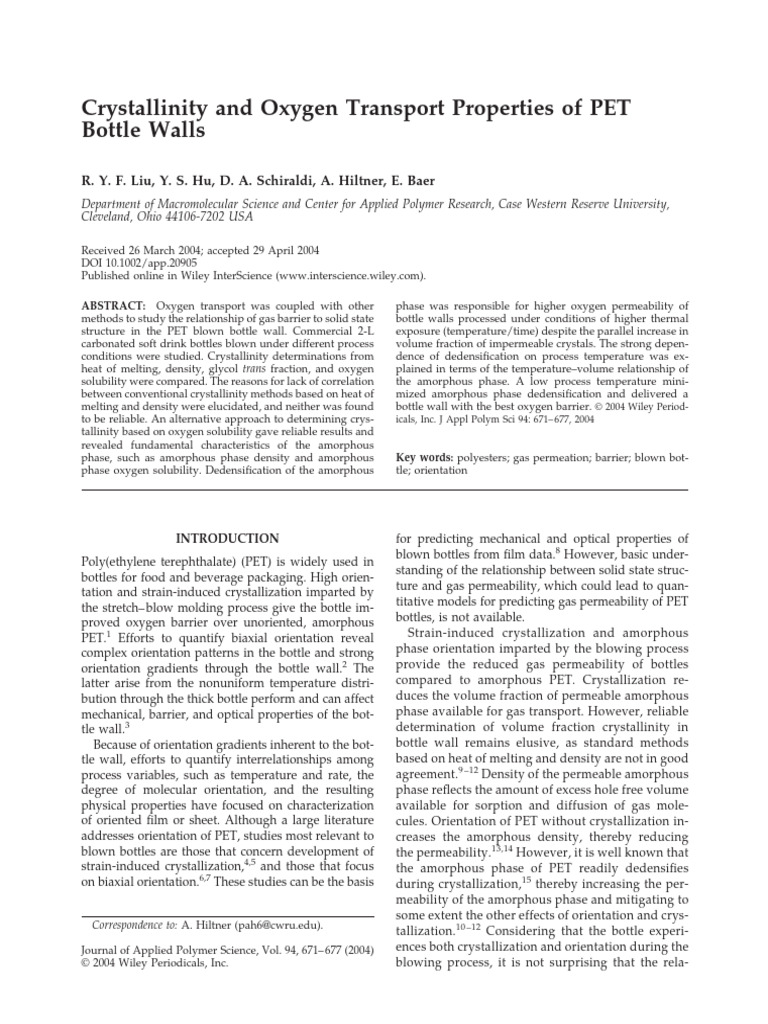 Crystallinity and Oxygen Transport Properties of PET Bottle Walls ...