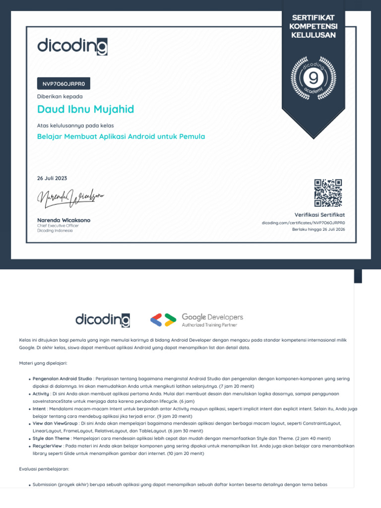 Sertifikat Android Pemula Daud | PDF