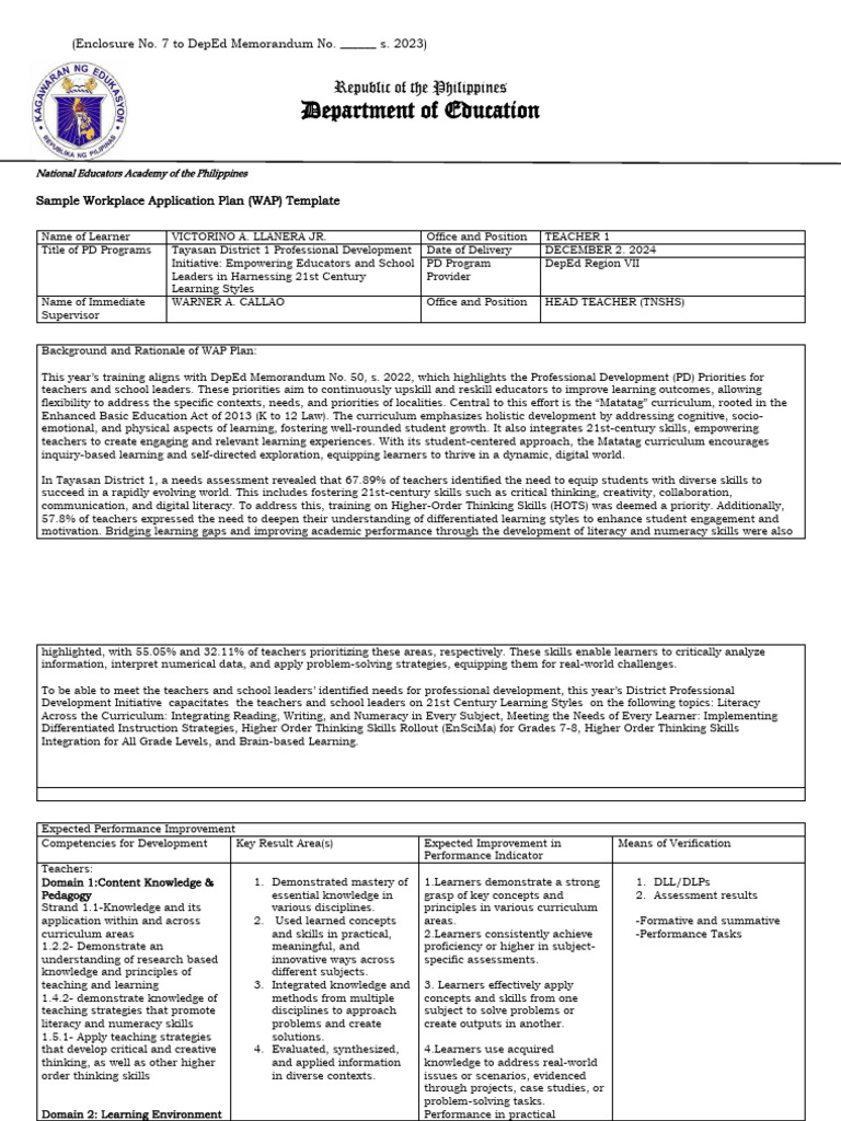 Workplace Application Plan WAP Template Tayasan 1 | PDF | Learning ...