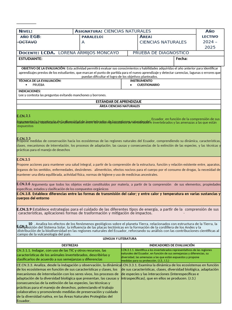 Prueba Diagnostica CCNN 8vo. | PDF | Biodiversidad | Tierra